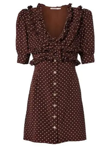 Alessandra Rich Polka Dot Ruffle Silk Minidress - Brown