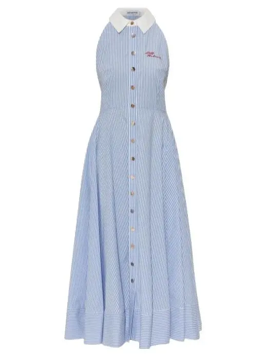 SELF-PORTRAIT Striped Cotton Midi Dress With Contrast Collar And Logo Motif - Blue