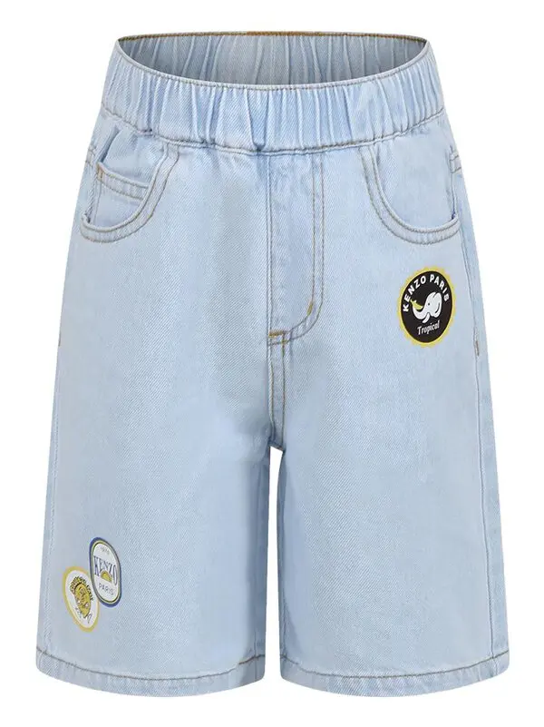Kenzo Elastic Waist Printed Denim Shorts - Blue