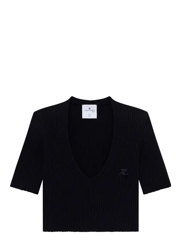 COURREGES V-neck Cropped Knit Top With Embroidered Logo - Black