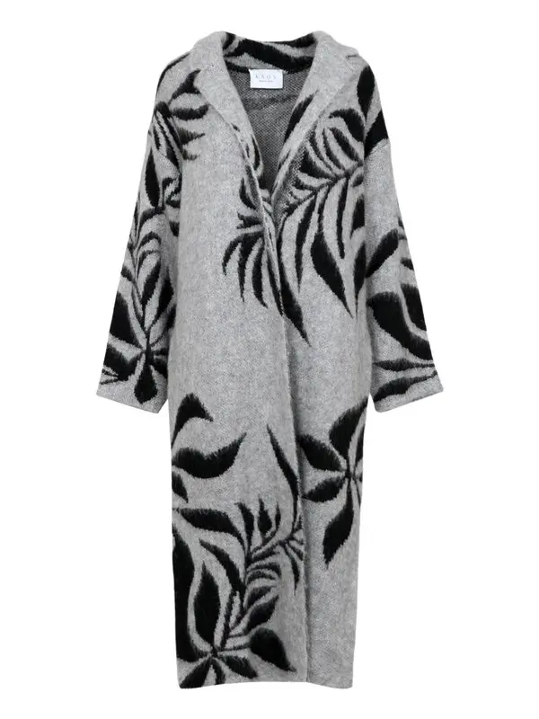 KAOS Jacquard Knit Wool Coat With Wide Sleeves And Floral Motif - Gray