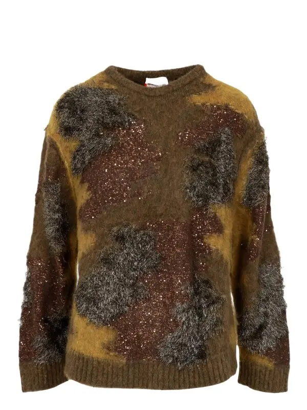 SEMICOUTURE Crew Neck Long Sleeve Sweater With Textured Appliques And Sequins - Brown