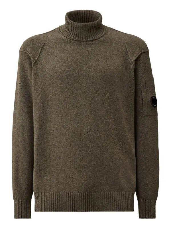 C.P. COMPANY Ribbed Roll Neck Sweater With Lens Detail - Brown