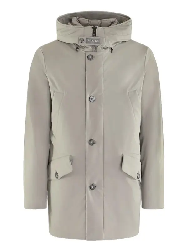 Woolrich Hooded Down Jacket With Button Fastening - Gray