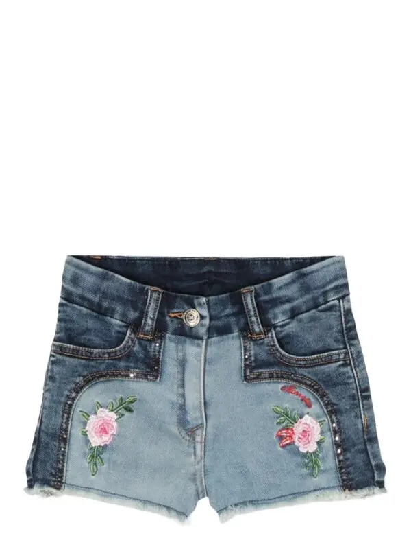 Monnalisa Floral Embroidered Denim Shorts - Blue