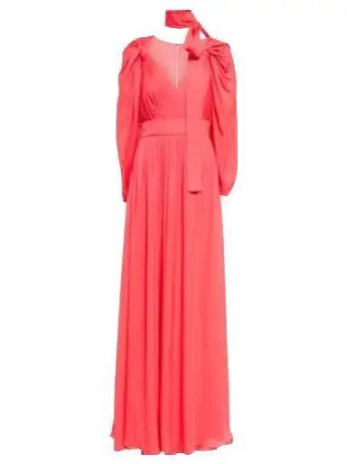 Elie Saab Pleated Silk Chiffon Gown With Cape-effect Sleeves - Orange