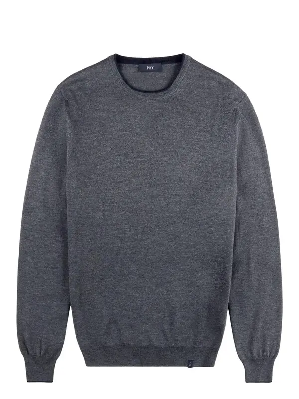 FAY Crew Neck Fine Knit Jumper With Contrast Patch Detail - Gray