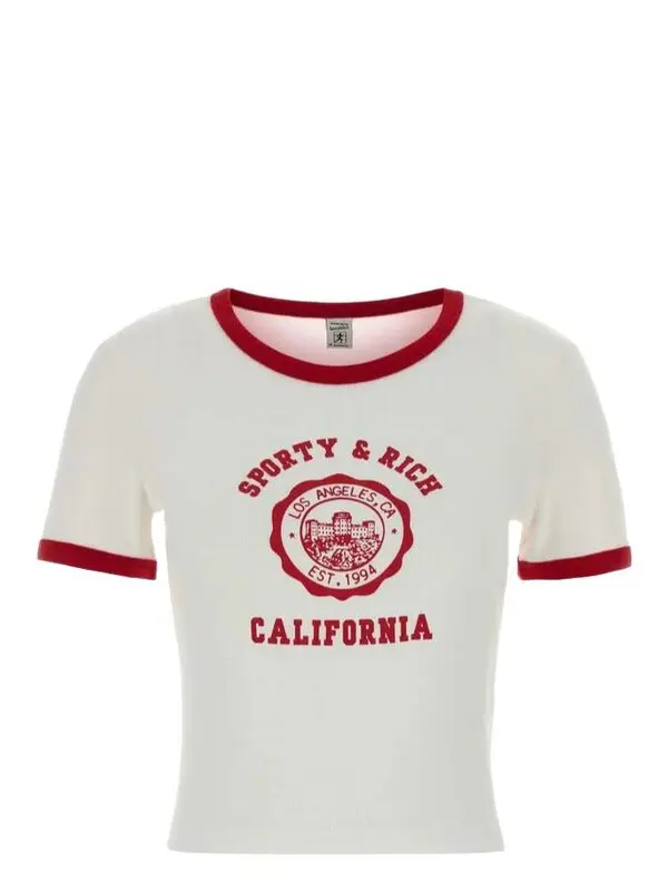SPORTY  RICH Sporty & Rich Short Sleeve T-shirt With Contrasting Collar And Graphic Print - White