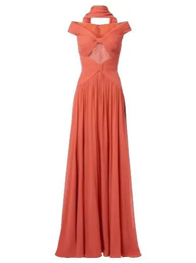 Elie Saab Gathered Silk Gown With Lace Trim - Red