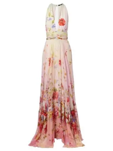 Roberto Cavalli Floral Silk Halterneck Gown - Nude