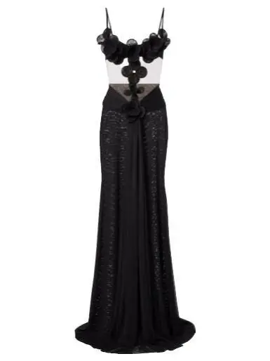 David Koma Floral Appliqué Mesh Gown - Black