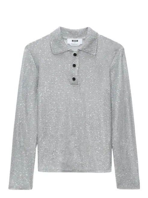 MSGM Long Sleeve Sequin Embellished Knit Polo Top - Grey