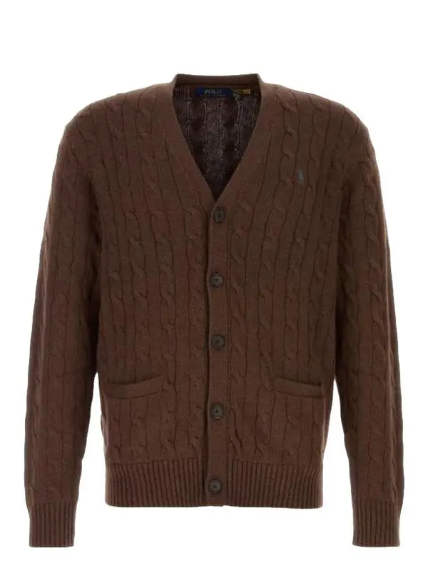 Polo Ralph Lauren V-neck Long-sleeve Cardigan With Ribbed Cuffs And Hem - Brown