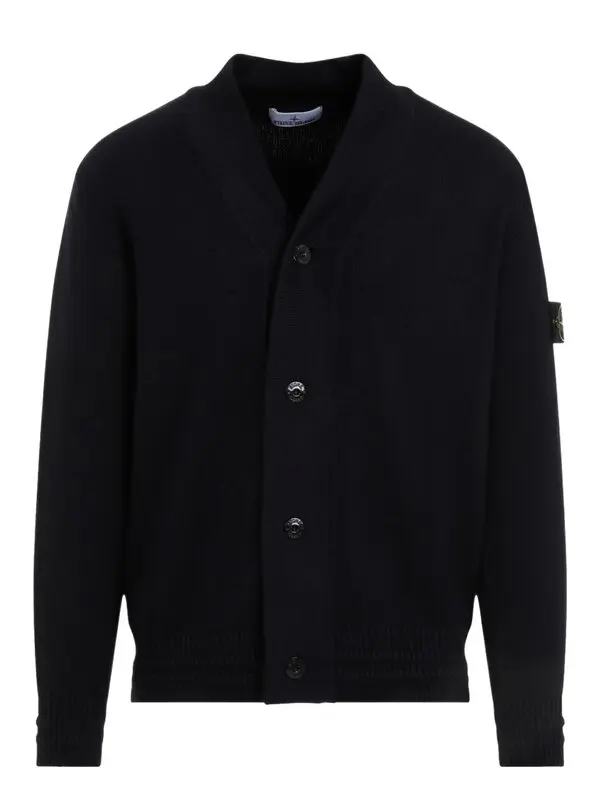 Stone Island V-neck Cardigan With Logo Patch - Blue