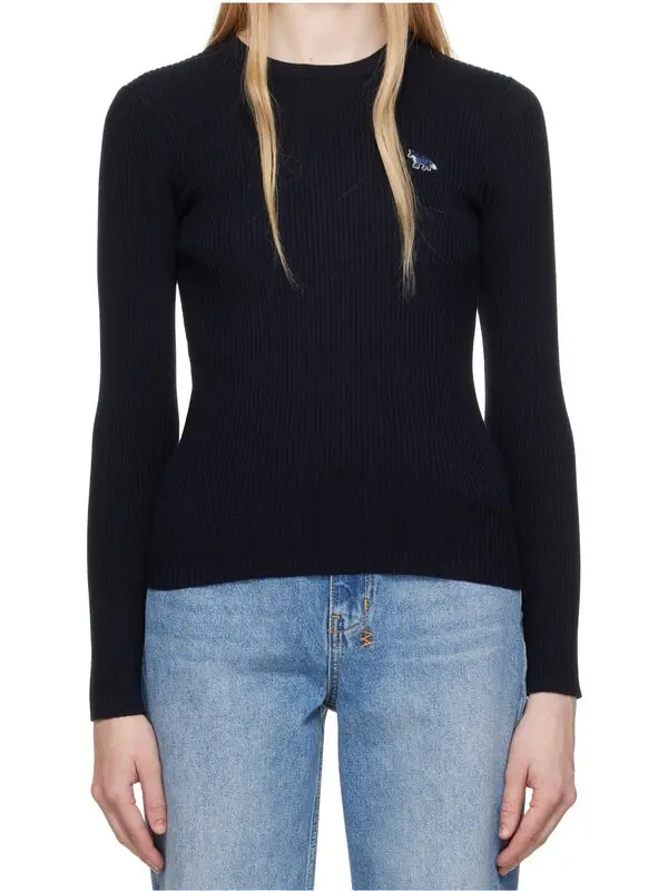 Maison Kitsuné Fine Ribbed Crewneck Sweater With Fox Patch - Black