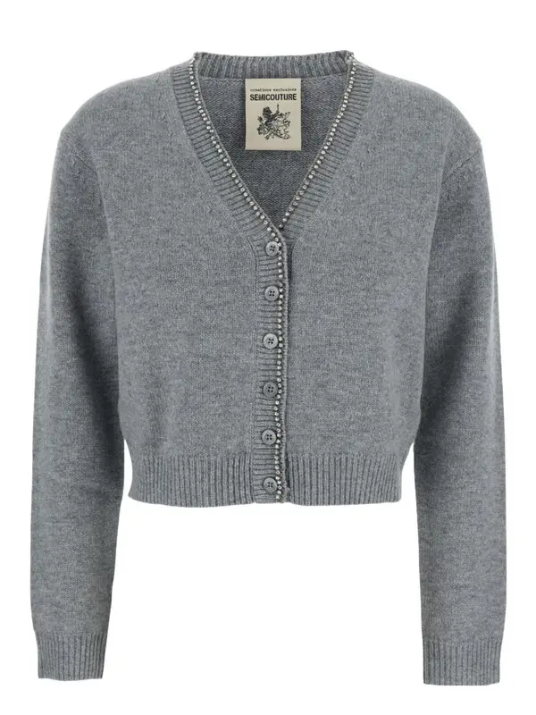 SEMICOUTURE Beaded V-neck Cardigan - Gray