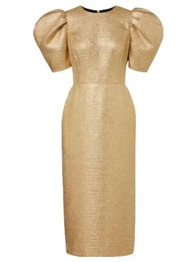 Carolina Herrera Metallic Tweed Puff Sleeve Midi Dress - Nude