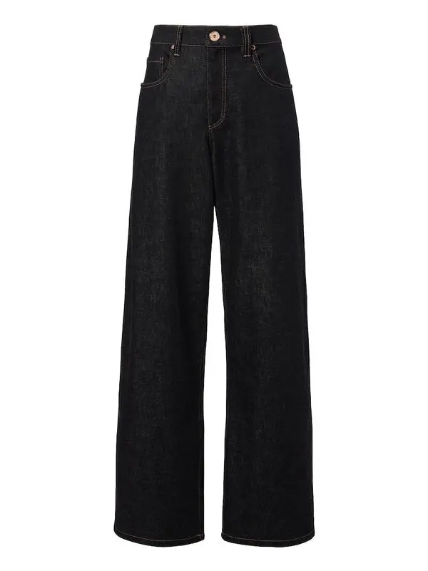 Brunello Cucinelli Leather-trimmed Wide-leg Jeans - Black