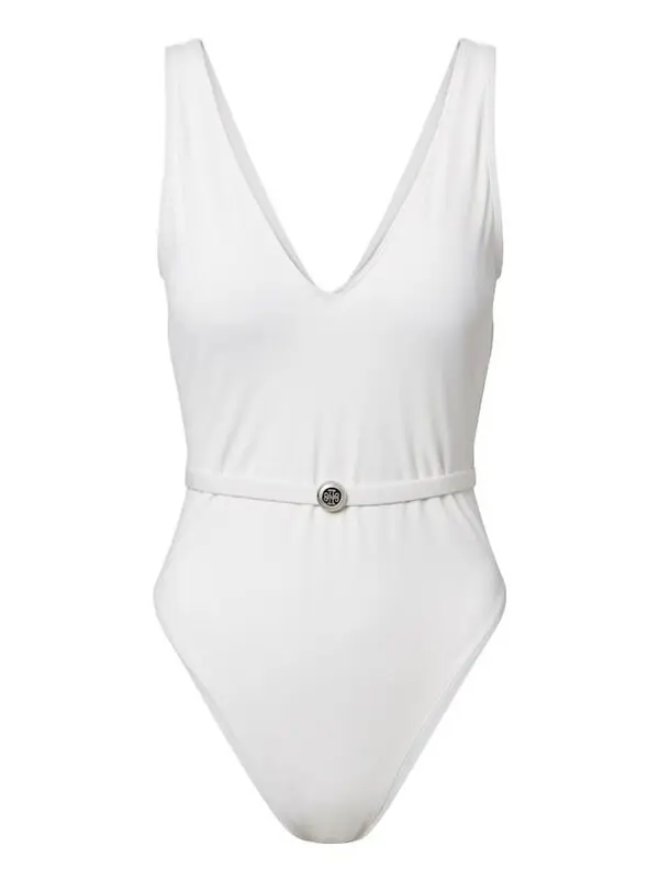 Tory Burch Double T Belted V-neck One-piece Swimsuit - White