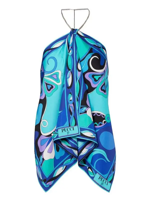 Emilio Pucci Orchidee Silk Twill Halter Top With Chain Detail - Blue