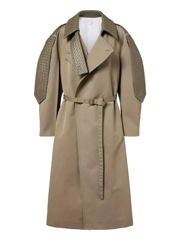 Bottega Veneta Intrecciato Leather-trimmed Trench Coat - Beige