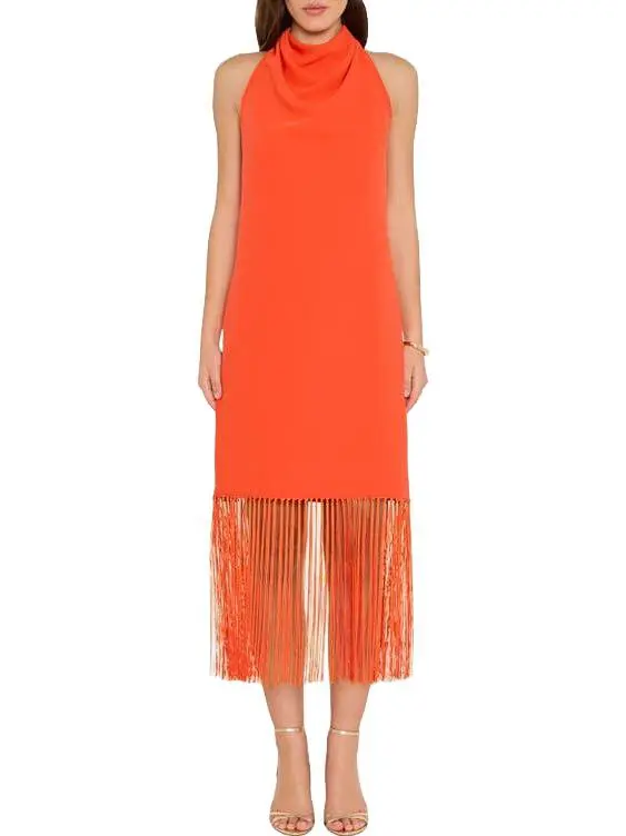 Amanda Uprichard Syd Cowl Neck Fringe Midi Dress - Mandarin