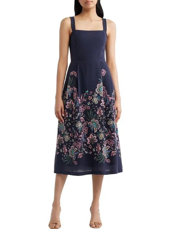 Julia Jordan Floral Print Square Neck Sleeveless Midi Dress - Navy Multi