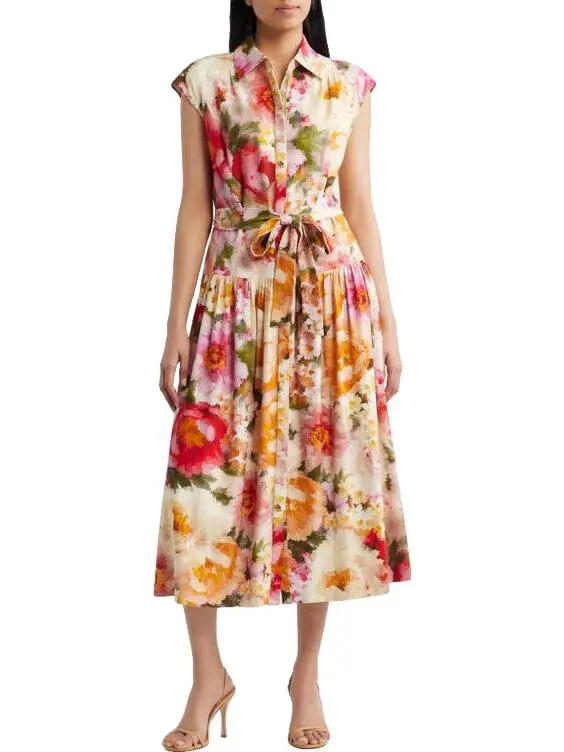 Julia Jordan Floral Print Tie Waist Midi Dress - Ivory Multi