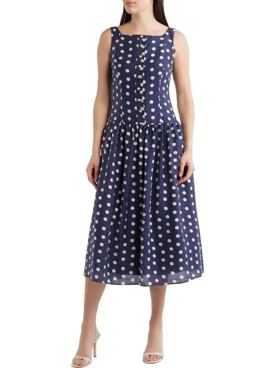 Julia Jordan Sleeveless Polka Dot Square Neck Midi Dress - Navy Multi
