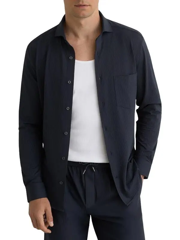 REISS Solarko Seersucker Button-up Shirt - Navy