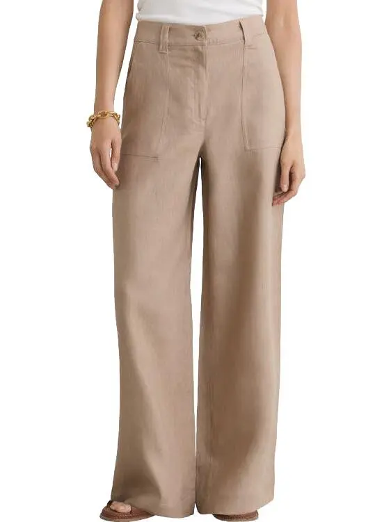 REISS Ashby Wide Leg Linen Pants - Neutral