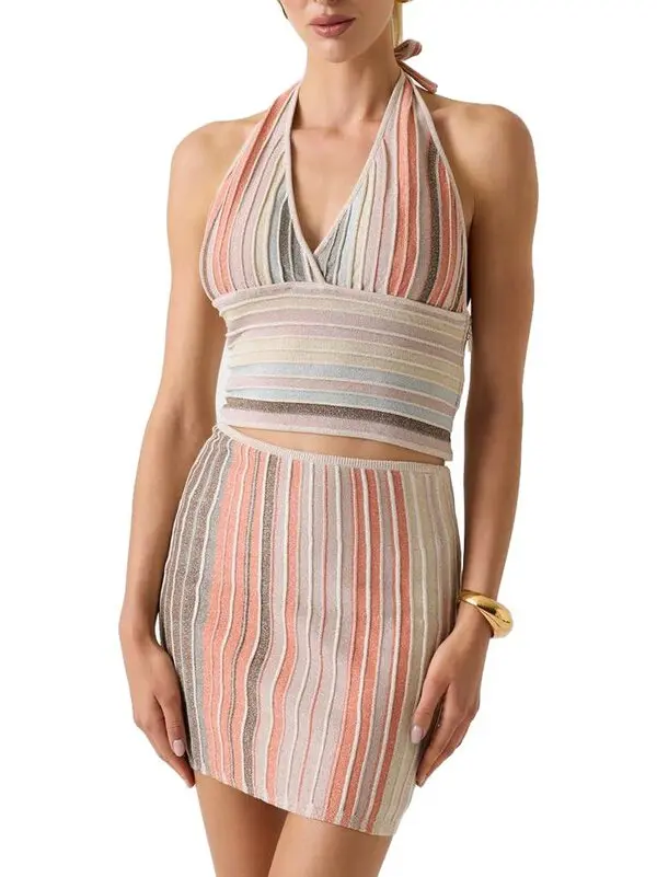 MARCIANO Rosy Stripe Metallic Knit Halter Neck Sweater - Brown