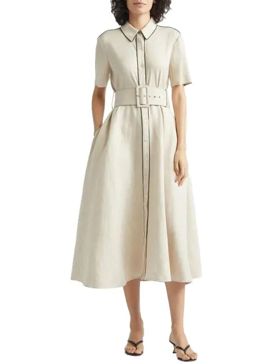 TOCCIN Linen Blend Shirtdress With Belt - Desert/jet