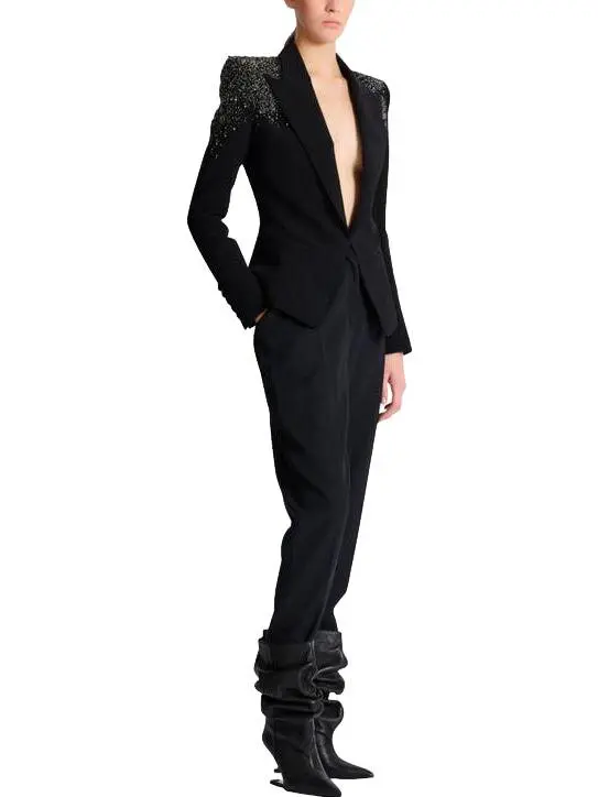 Balmain Crepe Jacket With Amethyst Embroidery - Black