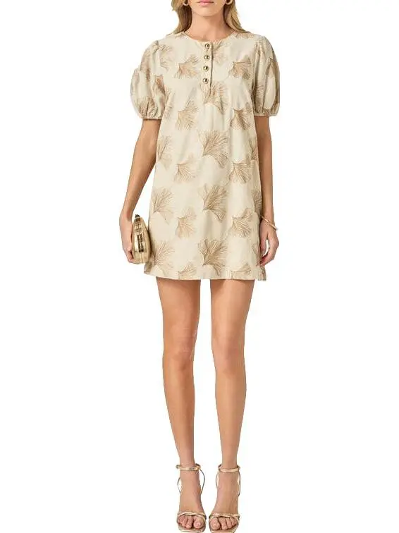 English Factory Ginkgo Leaf Embroidered Puff Sleeve Mini Dress - Beige