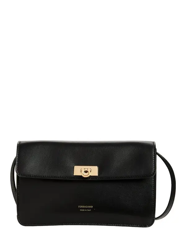 FERRAGAMO Harley Gancini Lock Calfskin Leather Shoulder Bag - Nero