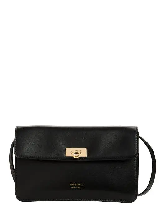 FERRAGAMO Harley Gancini Lock Calfskin Leather Shoulder Bag - Nero