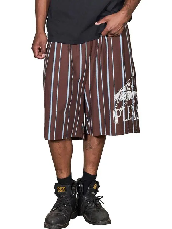 PLEASURES Teleport Wide Stripe Drawstring Cotton Shorts - Brown
