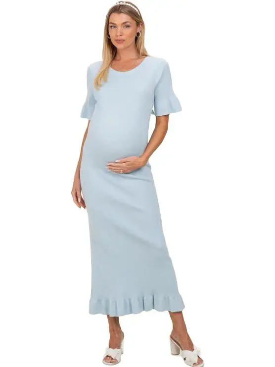 PINKBLUSH Ribbed Knit Bow Back Midi Maternity Dress - Light Blue
