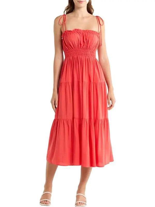 Elan Ruffle Shirred Tie Strap Sundress - Red