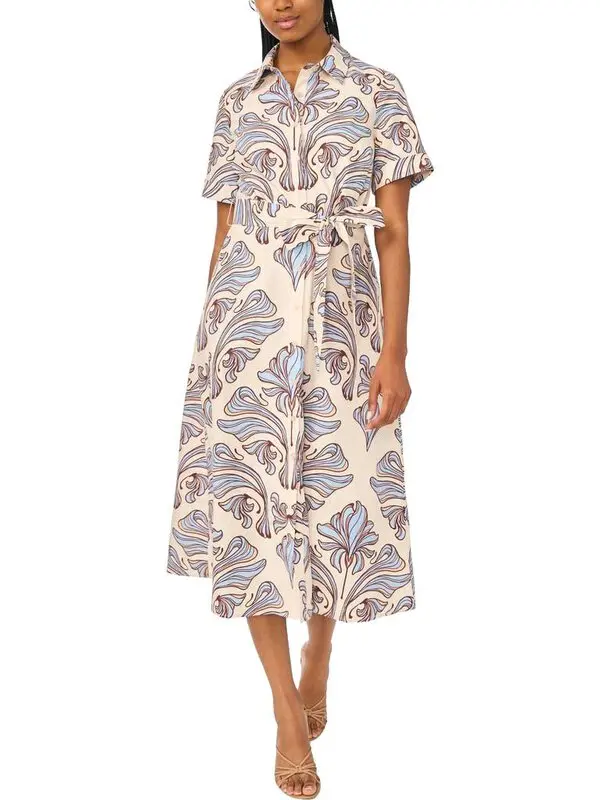 Halogen Printed Belted Midi Shirtdress - Blue Multi