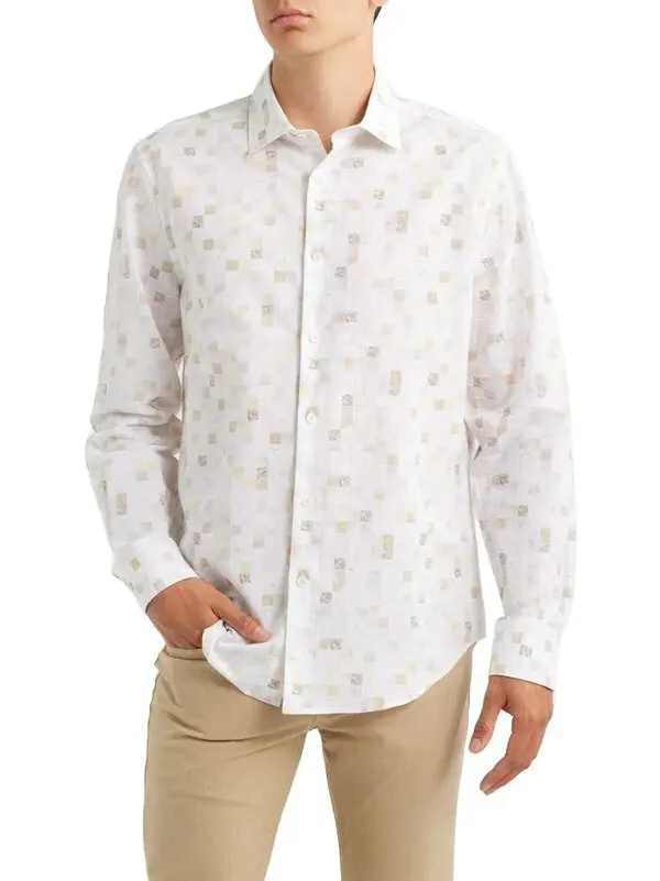 Bugatchi Axel Trim Fit Geometric Print Cotton & Linen Button-up Shirt - Desert