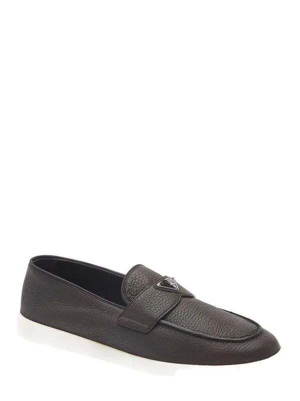 Prada Leather Loafers With Triangular Logo - Caffe
