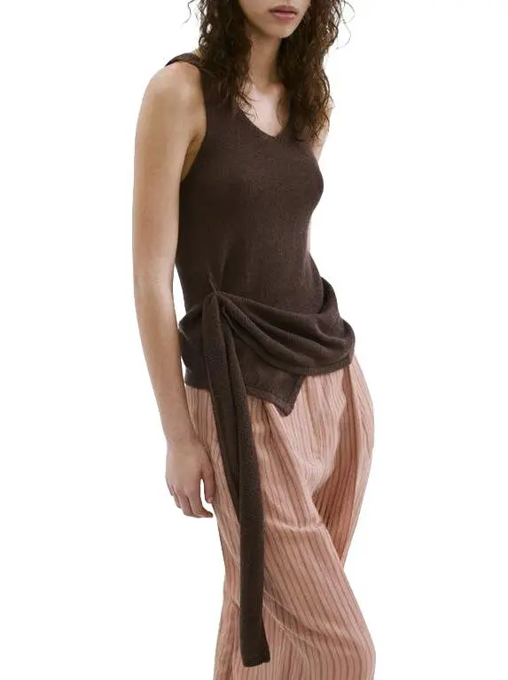 Mango Asymmetrical Drape Sash Knit Top - Chocolate