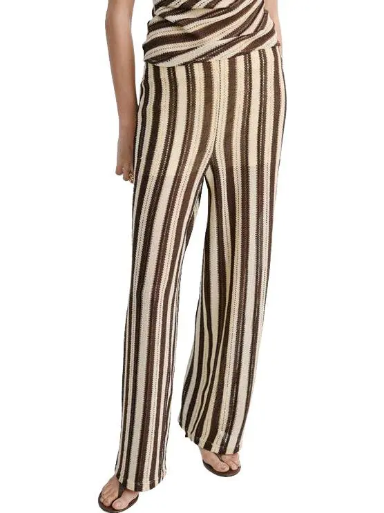 Mango Stripe Open Stitch Knit Wide Leg Pants - Brown