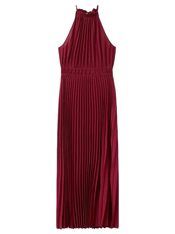 Mango Pleated Halter Neck Midi Dress - Cherry
