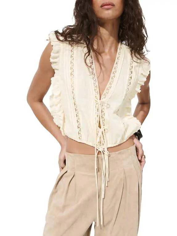 Mango Tie Front Ruffled Lace Trim Top - Ecru