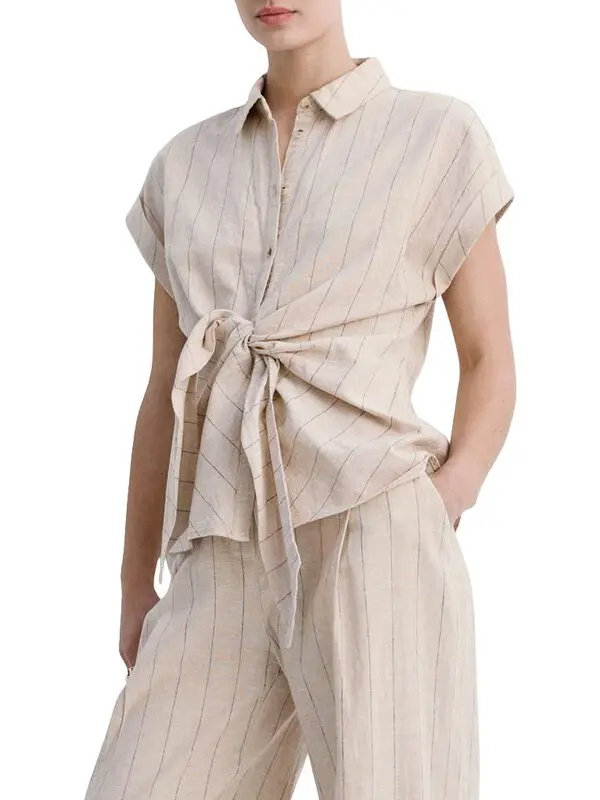 Mango Striped Linen-cotton Shirt With Tie Detail - Brown