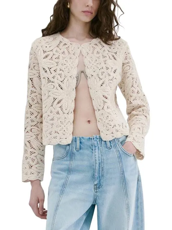 Mango Crochet Cotton Blend Cropped Cardigan With Scalloped Trim - Sand