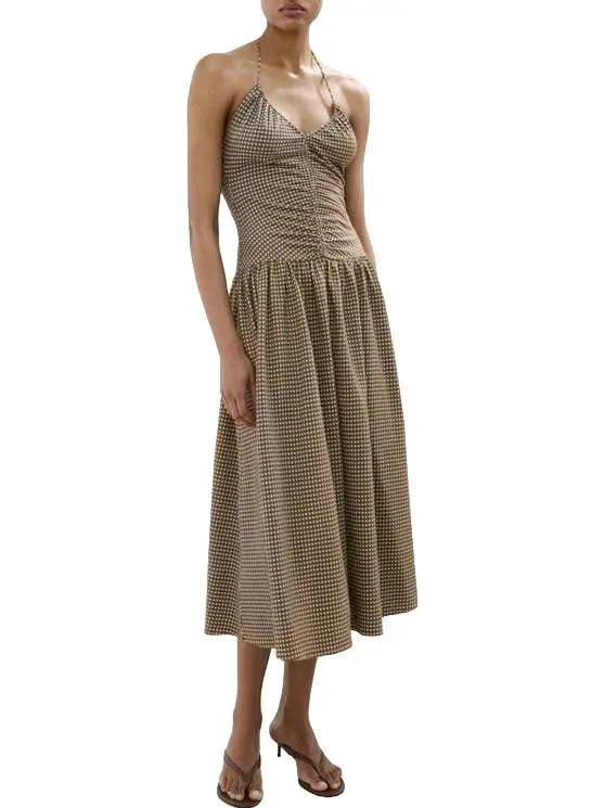 Mango Ruched Halter Neck Gingham Checks Midi Dress - Khaki